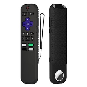 Seltureone 2 in 1 Remote Cover with AirTag Holder for Roku - Silicone Protective Case, Anti Slip Shock Absorption Washable, Black