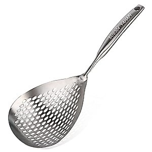 Skimmer Slotted Spoon - YAHAFI 304 Stainless Steel Food Grade Filter Spoon with Comfort Handle and Hanging Holes, Spider Strainer Skimmer for Kitchen Cooking Draining and Frying (15 Inch)