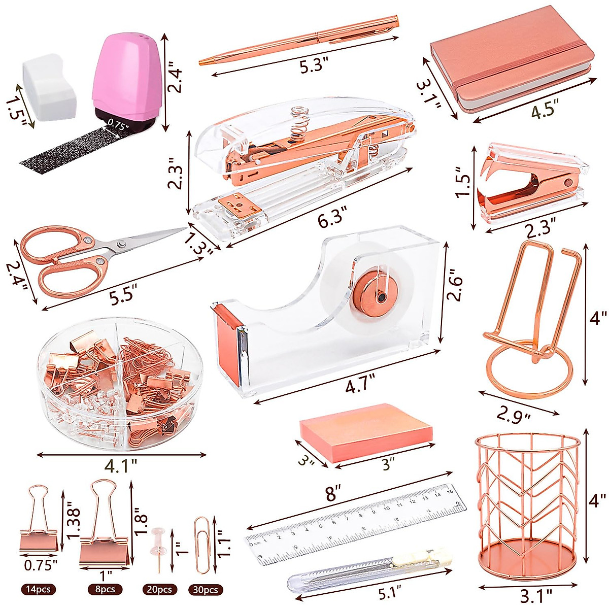 YOLOZAI 17PCS Office Supplies and Accessories Set Desk Accessories, Notebook, Acrylic Stapler, Staple Remover, Tape Dispenser, Clips, ID Roller, Scissor, Utility Knife, Phone Holder, Pen, Pen Holder