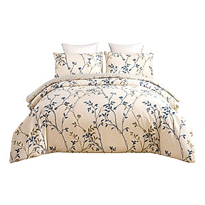 Tache Elegant Leaf Vine Nature Earthy Floral Neutral Cream Beige Tan Blue Breathable Poplin Cotton Zipper Duvet Cover, King