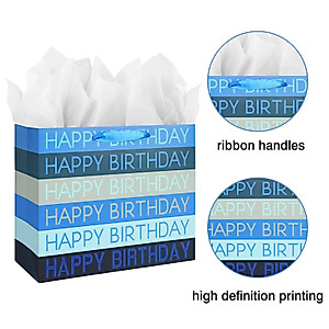 13" Large Happy Birthday Gift Bag with Tissue Paper,Card and Handles for Men Boy Kid Birthday Party (Blue Stripes)