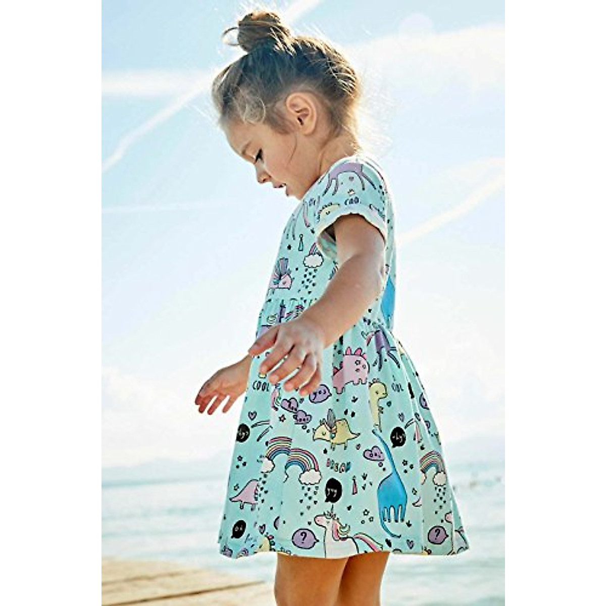 Toddler Girl's Dinosaur Summer Dresses Clothes,Short Sleeve Casual Outfits 4t Blue
