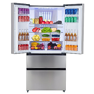 GarveeHome French Door Refrigerator, 18.8 Cu.Ft. Counter Depth Stainless Steel Refrigerators, 4 Door Fridges Full Size Bottom Freezer Kitchen Fridge, Automatic Defrost, LED Lighting