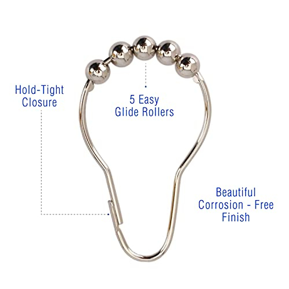 2lbDepot Shower Curtain Rings Hooks - Polished Nickel Finish - Premium 18/8 Stainless Steel - Locking Rings with Easy-Glide Rollers - Five Finishes Available - Set of 12 for Shower Rods