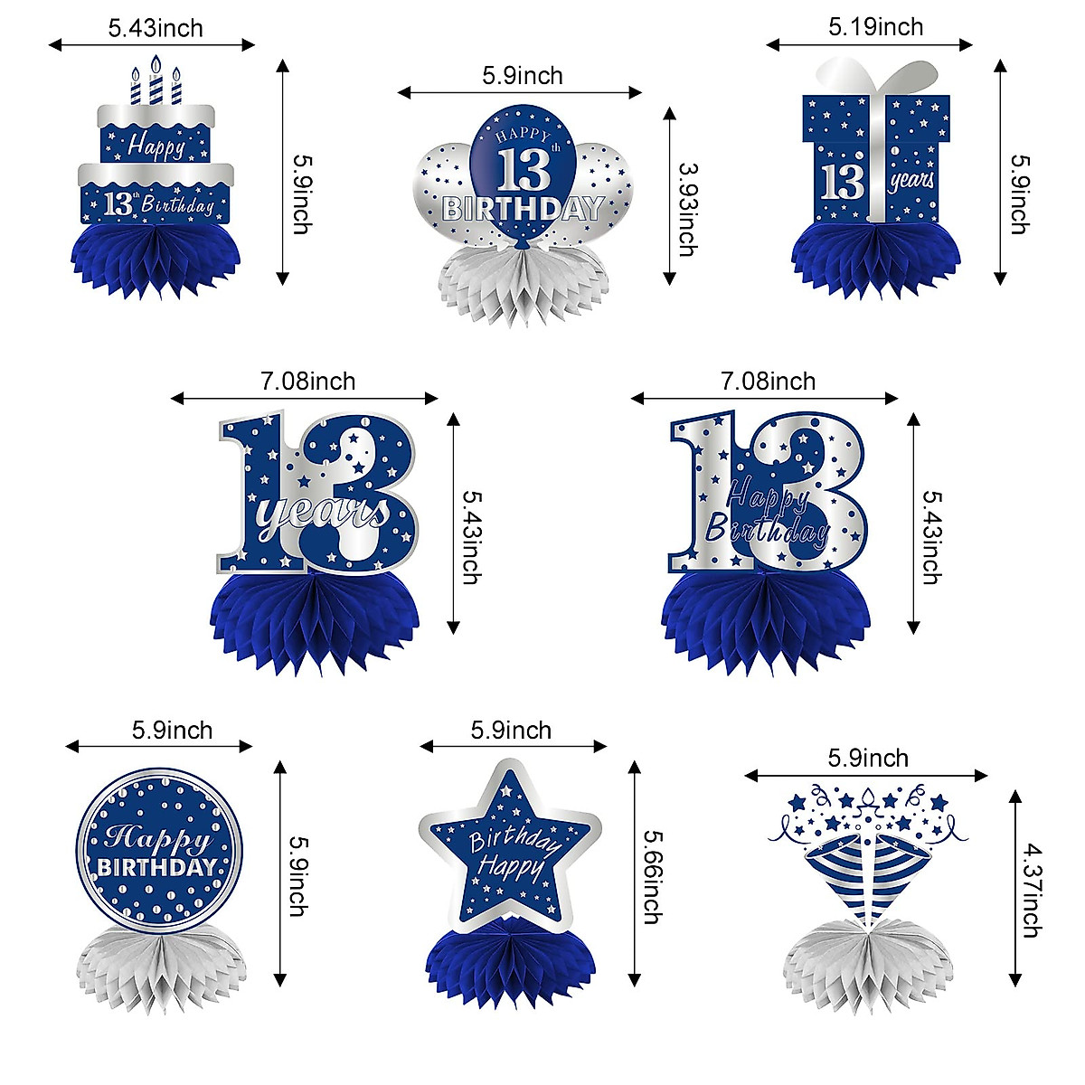 Kauayurk 8Pcs 13th Birthday Decorations Table Centerpiece Party Supplies for Boy, Blue Silver Happy 13 Year Old Birthday Honeycomb Centerpieces Decor, Thirteen Birthday Table Topper