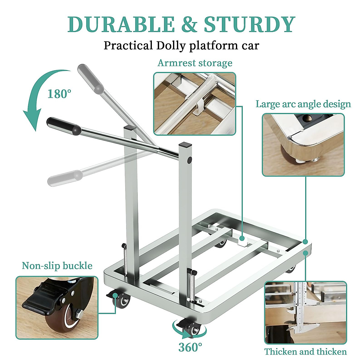 Heavy Duty All Stainless Stee Folding Hand Truck, 500 LB Heavy Duty Luggage Cart, Utility Dolly Platform Cart with 4 Wheels & 2 Elastic Ropes for Luggage, Travel, Moving, Shopping, Office Use