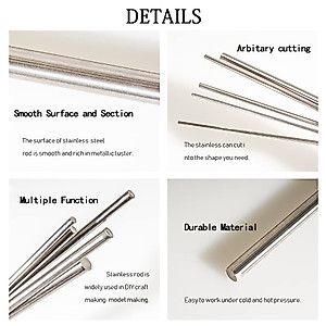 Tynulox 5Pcs 304 Stainless Steel Round Rod, 3/16" Diameter 10" Length Metal Solid Shaft Rods for Industry, Metal Working Hobbies and DIY Craft