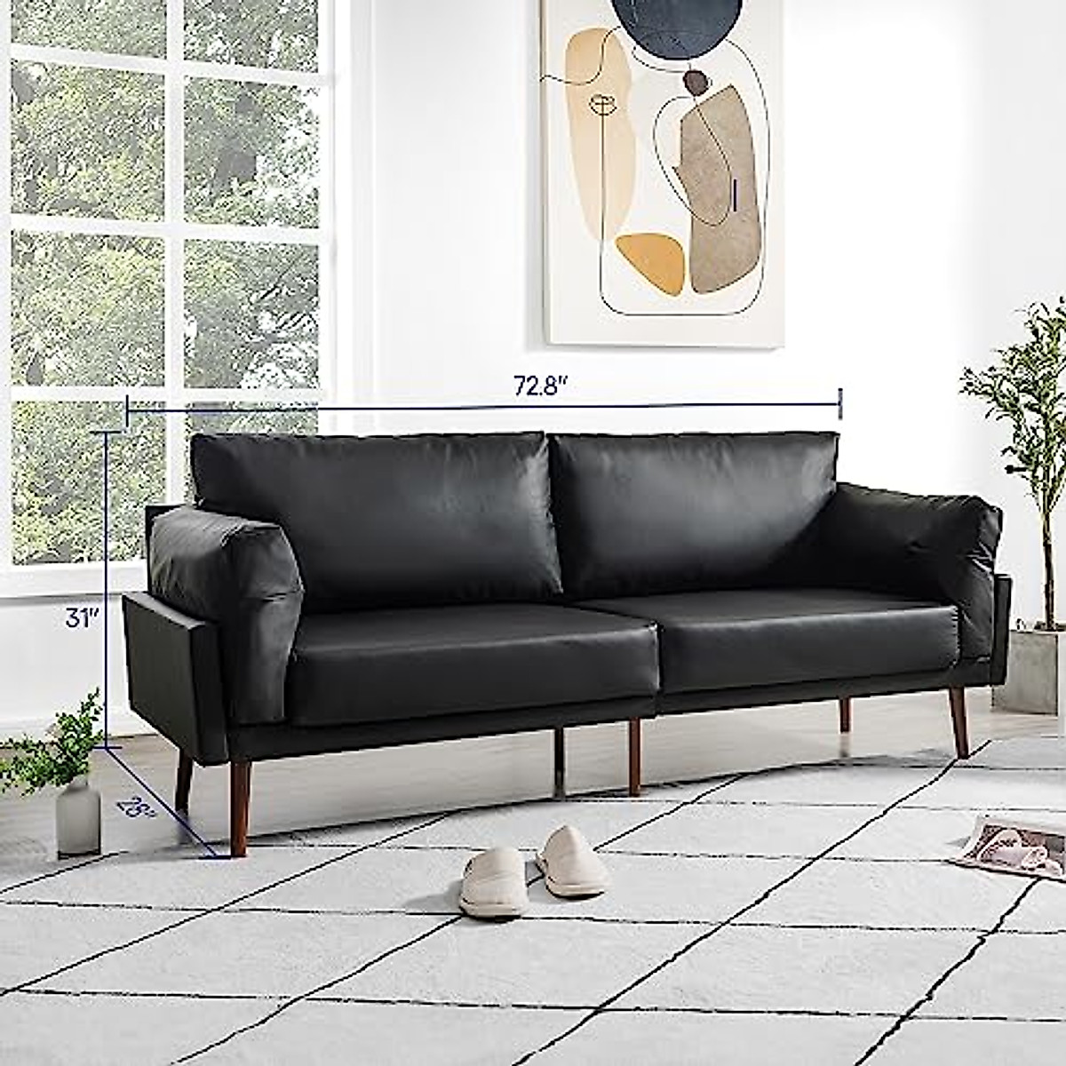 Vonanda Black Upholstered Sofa, Faux Leather Sofa Couch, 72 Inch Black Couch for Living Room, Mid Century Modern Sofa, Office couch for small space, Apartment sofa, Condo, Loft, Bungalow, House, Black
