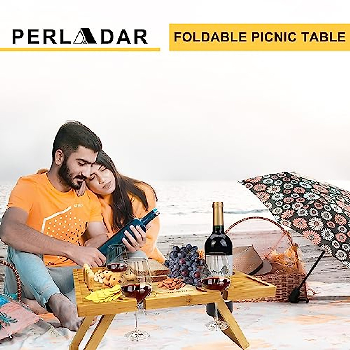 PERLADAR Portable Picnic Table for Wine and Glass, Outdoor Wooden Foldable Champagne Picnic Table, Bamboo Snack & Cheese Tray for Beach/Indoor/Outdoor