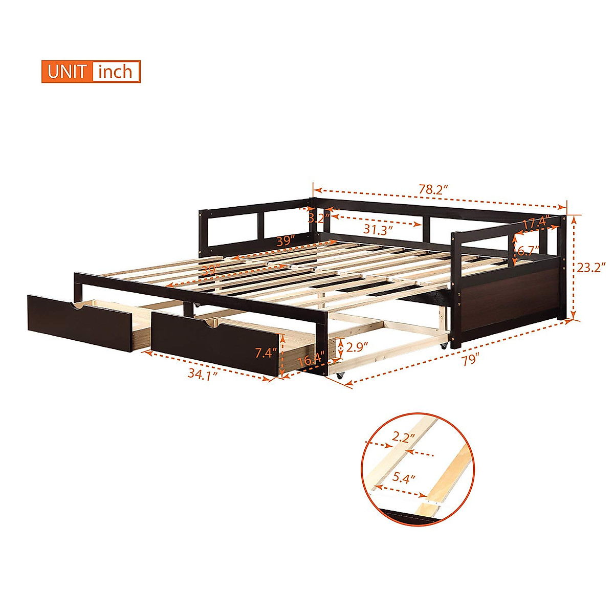 LERFAN Wooden Daybed Extendable Bed with Trundle Bed and Two Storage Drawers, can be Expanded from Twin Size to King Size, 78.2" L x 79" W x 23.2" H Espresso