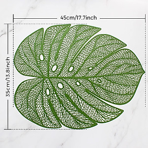 Evevda Green Leaf Shaped Vinyl Placemats for Dinner Table Set of 6 Metallic Plastic Green Place Mats Wipeable 6Pcs Table Mats for Wedding Annersary Dinner Table Decoration Mats(17.7x13.8inch/45x35cm)
