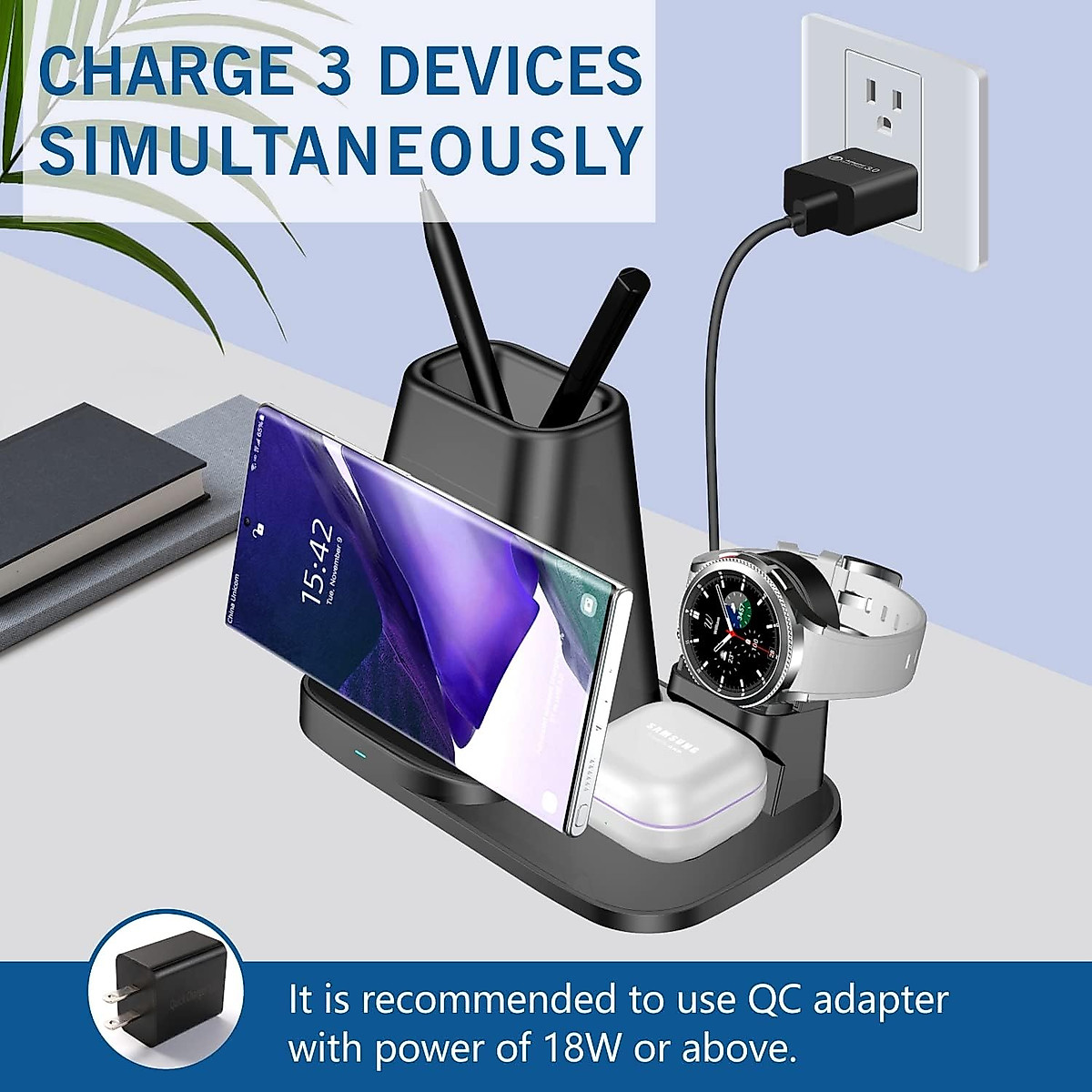 UKERSO 4 in 1 Charging Station for Samsung S23 Ultra Plus S22 S21 S20 Note20 Z Flip 4/3 Z Fold,Fast Wireless Charger Stand Compatible with Galaxy Watch 5 Pro/4/3/Active 2/Gear S4,Buds