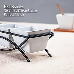 UNICASA Square Ramekin Bowls 10 oz, Condiment Serving Tray with Metal Rack Stand - Chips and Dips Snack Tray for Party - White Side Dish for Appetizer, Fruit, Nuts, Ice Cream, Candy