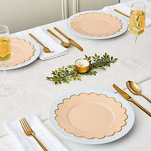 BLUE PANDA 50 Pack Ivory Pink Plastic Plates for Party, 9 Inch Disposable for Party Supplies, Wedding, Gold Foil Scalloped Edges