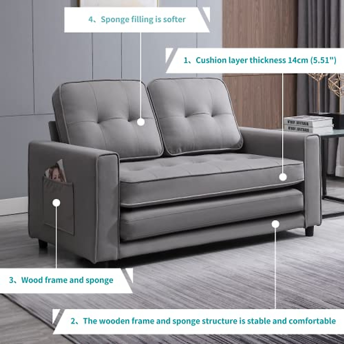 BALUS Convertible 3-in-1 Folding Sofa Bed, Loveseat Sleeper Cot, 84" Tri-Fold Multi-Function Modern Breathable Couch, Folding Mattress for Guests, Futon for Living Room, Floor Sofa Bed(Light Grey)