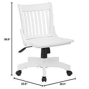 OSP Home Furnishings Deluxe Armless Wood Banker's Desk Chair with Adjustable Height, Locking Tilt, and Heavy Duty Base, White