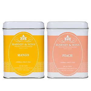 Harney & Sons Loose Herbal Fruit Tea Mothers Day Variety Gift Set (2 Pack, 8oz Total) - Mango & Peach Fruit Tea - Hibiscus, Rosehips, Apple Pieces & Natural Orange and Citrus Flavors - Caffeine-Free