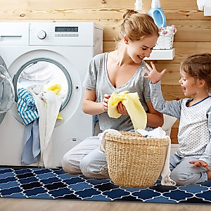 moonysweet Anti Fatigue Kitchen Rug Mat Non Skid Cushioned Navy Blue Black Waterproof Non Slip PVC Leather Runner Standing Mat Trellis Quatrefoil 17" x 29" +17" x 47" Set of 2 (2 Pieces)