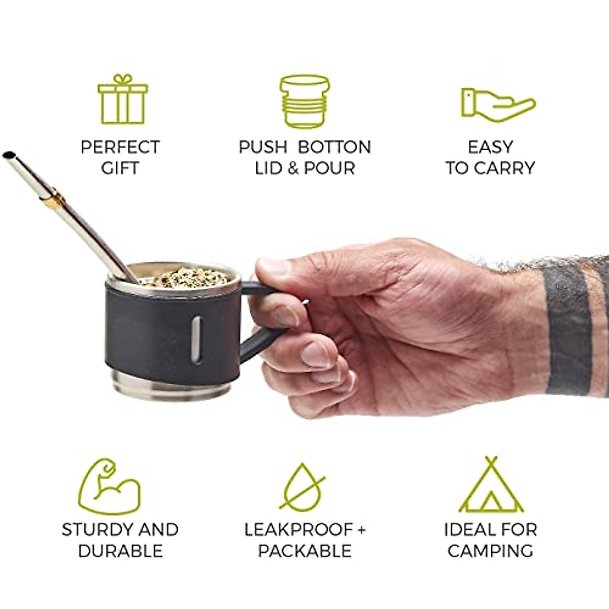 BALIBETOV Camping Thermos for Mate - Vacuum Insulated With Double Stainless Steel Wall- A Mate Thermos Specially Designed as Mate Argentino Kit that includes Bombilla and Mate Cup (Black)