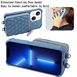 MONASAY Zipper Wallet Case for iPhone 14 Plus,6.7in[Glass Screen Protector ][RFID Blocking] Flip Leather Handbag Phone Cover with Card Holder&Detachable Crossbody Lanyard Strap, Light Blue