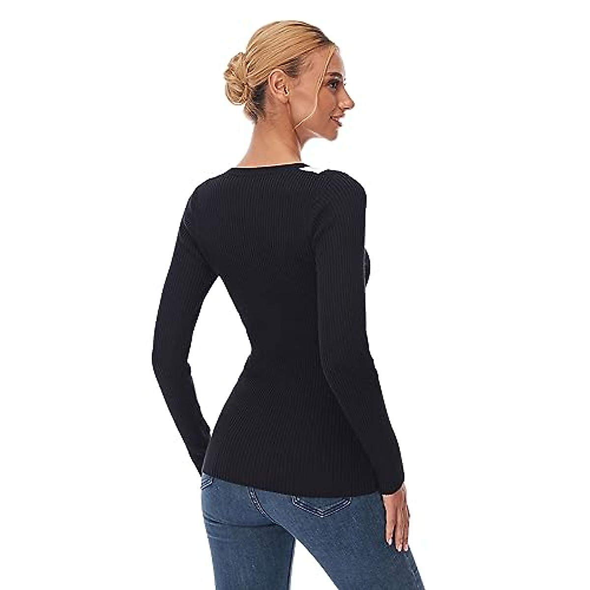 AmélieBoutik Women Casual Color Trim V Neck Long Sleeve Ribbed Sweater Tops (Black and Ivory White X-Large)