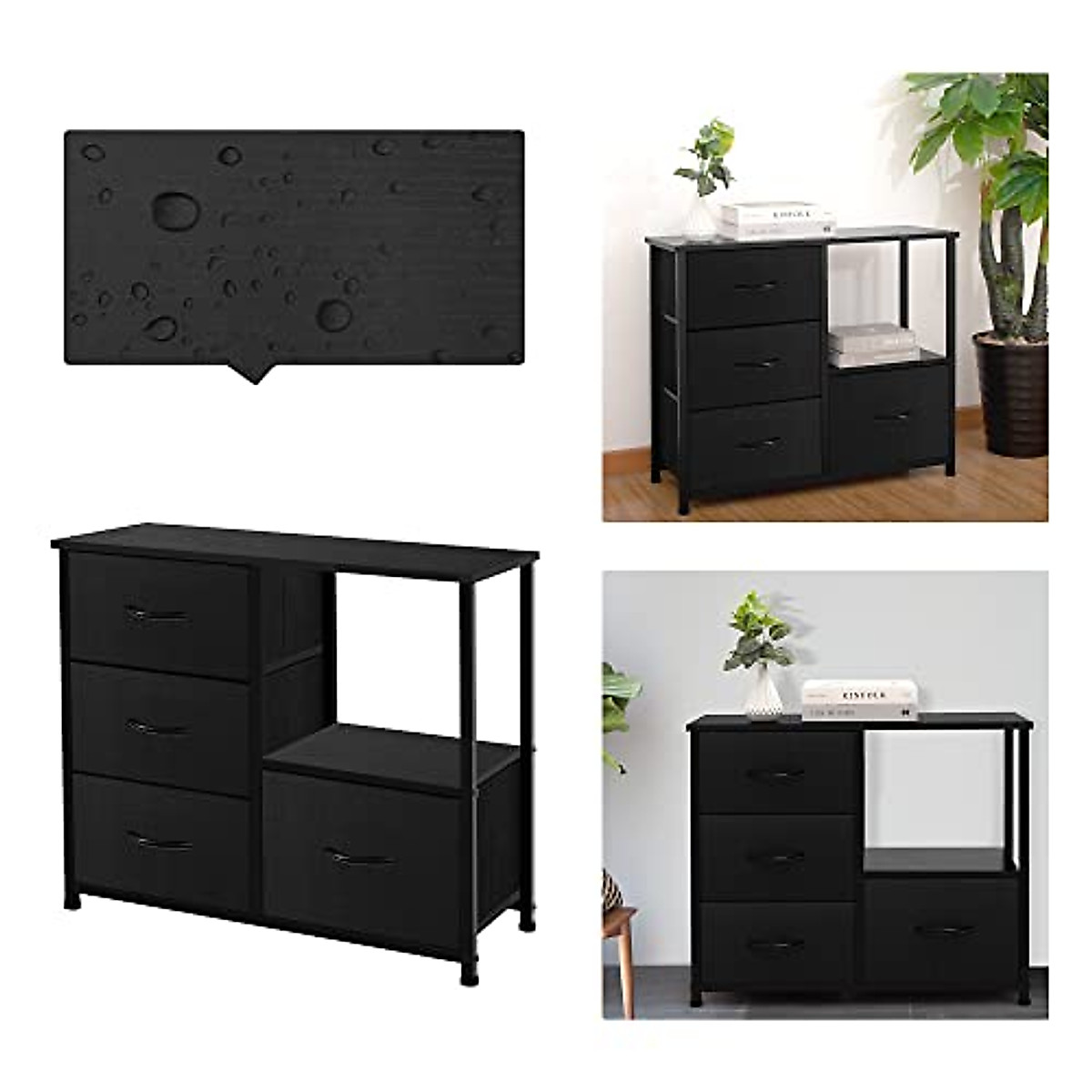 AZL1 Life Concept Storage Tower with Shelves, 4 Drawers Closet Organizer, Night Stand, Fabric Bins, Versatile Cabinet, Dresser for Bedroom, Living Room, Hallway, Wood Handles, Black