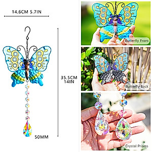 Set 2 Metal Butterfly Suncatchers for Windows - 14" Outdoor Fence Wall Art Decor, Rainbow Prisms Sun Catchers with Crystals Hanging for Home Garden Ornament