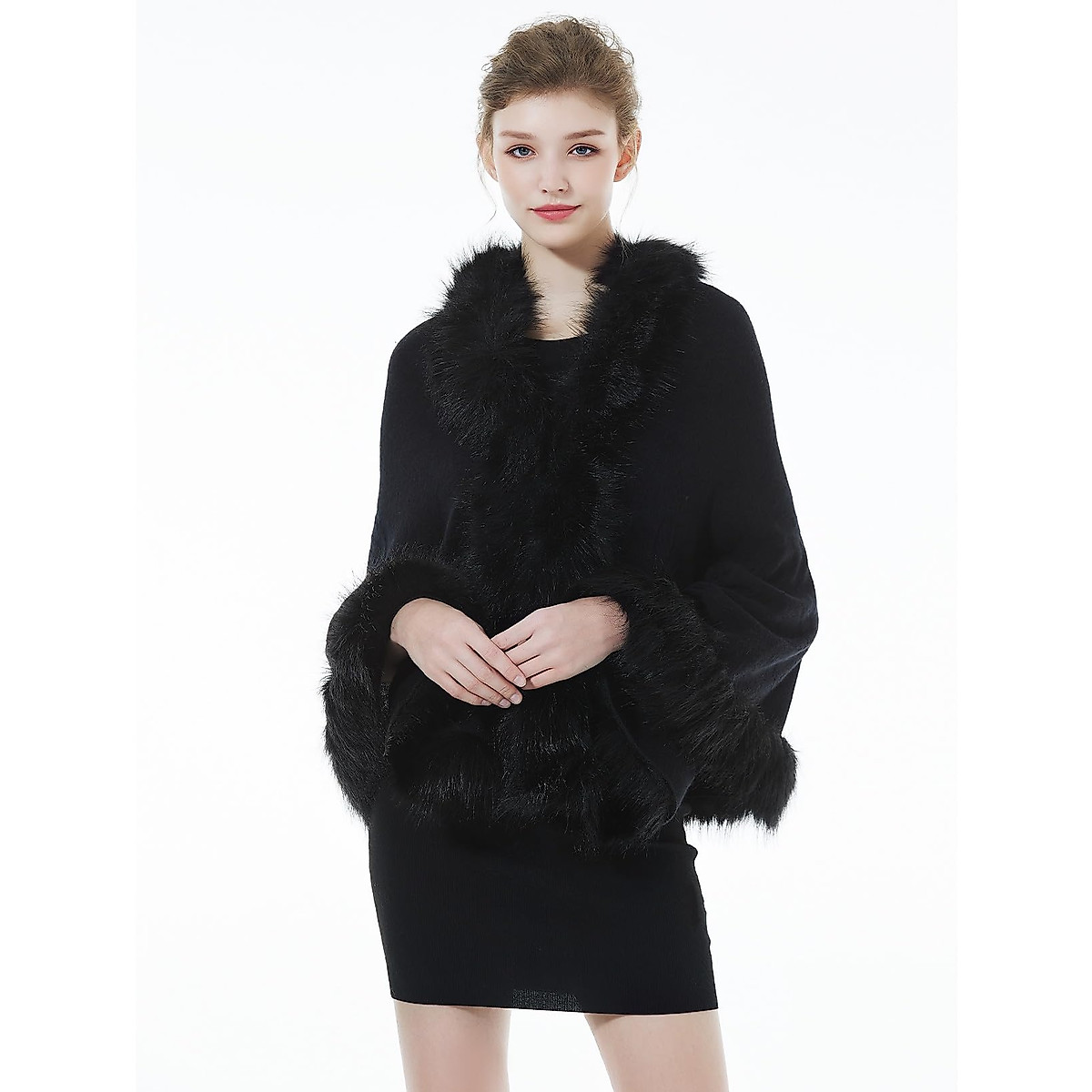 Faux Fur Shawl Wrap Stole Shrug Bridal Winter Wedding with Hook,Black,One Size