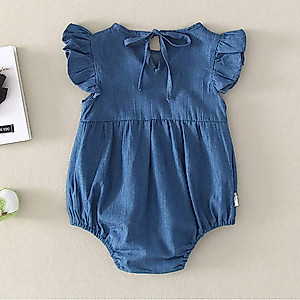 Slowera Baby Toddler Girls Denim Ruffled Bodysuit Blue Soft One-Piece Romper (Blue, 3-6 Months)