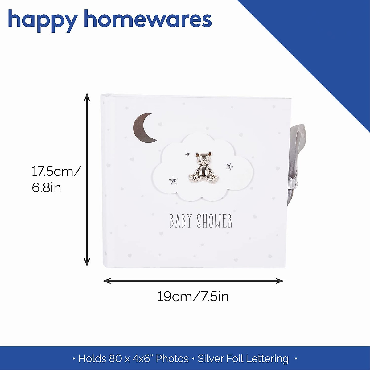 Happy Homewares Beautiful Ivory White Baby Shower Photo Album with Silver Plated Teddy Bear and Stars | Holds 80 Photos | Luxurious Grey Fabric Ribbon