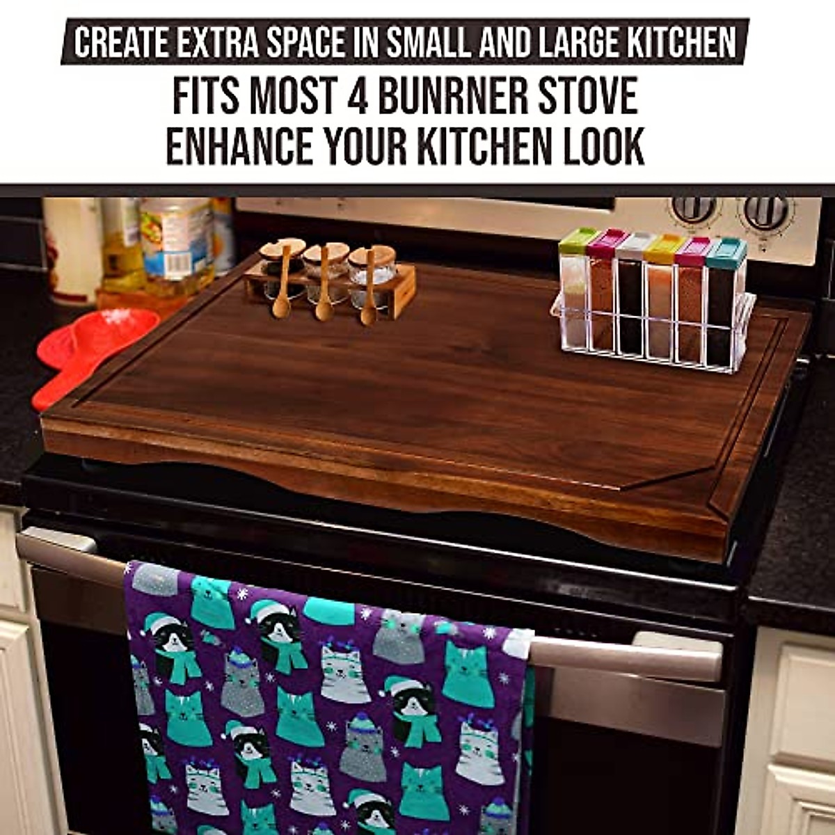 Cucina Green 30 Inches Noodle Board Stove Cover & Cutting Board - Large Acacia Wood Chopping Board with Juice Groove Adjustable Non Slip Rubberized Legs - Multi-Purpose Carving Board & Serving Tray