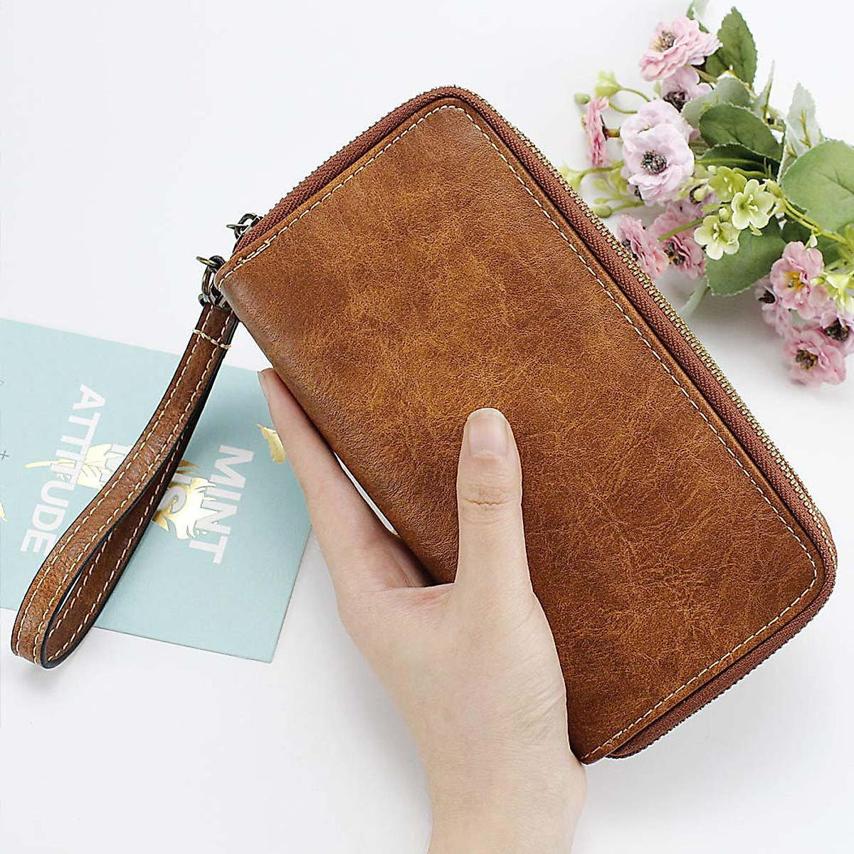 Autumnwell RFID Blocking Double Zipper Long Clutch Wallet Cellphone Wallet for Women with Hand Strap for Card, Cash, Coin, Bill (beige)