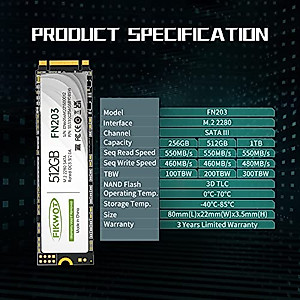 Fikwot FN203 M.2 SATA SSD - SLC Cache 3D NAND TLC SATA III 6Gb/s M.2 2280 NGFF Internal Solid State Drive, Up to 550MB/s, Compatible with Ultrabooks, Tablet Computers and Mini PCs (512GB)