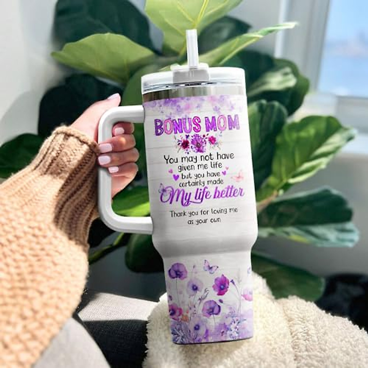99WHALE Tumbler 40 Oz With Handle Lid And Straw, Bonus Mom Purple Floral, Bonus Mom Gifts, Light Be Tumblers Cup Mama Mother For Funny Mommy Coffee Yellow Flower Cups