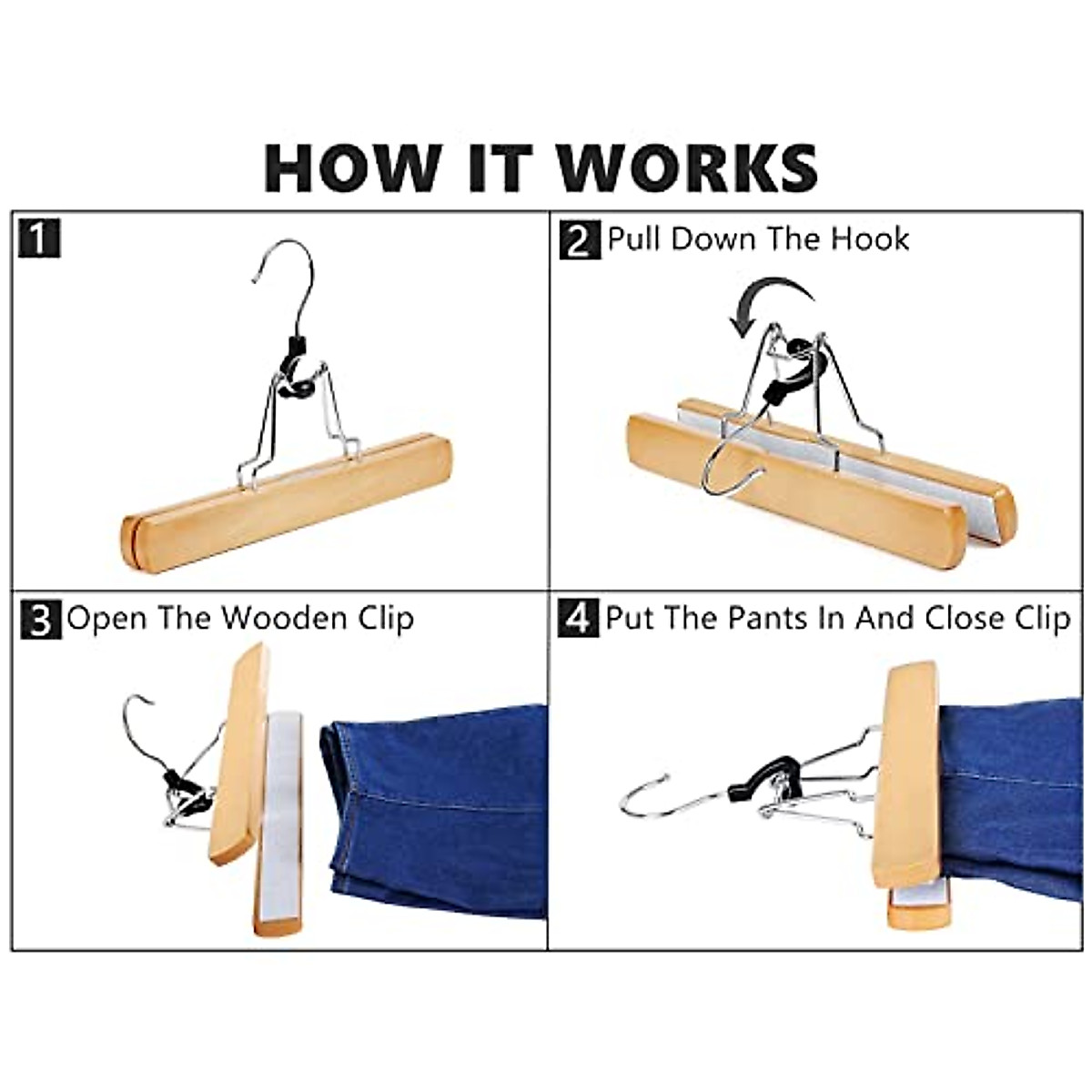 Amber Home Natural Wooden Pants Hangers 24 Pack, Wood Clamp Hangers with Non Slip Padded Velvet, Jeans/Slacks Hangers Hair Extension Hangers for Skirts, Trousers, Wigs (Natural, 24)