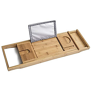 ModernTropic Home and Spa Bamboo Bathtub Caddy and Tray Expandable Non-Slip Wooden Bath Tray Securely Holds Drinks, Book/Tablet, Accessories, Phone