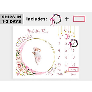 Farnodbaby Personalized Baby Milestone Blanket Moon and Stars Girls, Customized Milestone Blanket, Monthly Milestone Blanket, Baby Photo Prop Blanket, Baby Growth Age Chart, Baby Shower Keepsake Gift