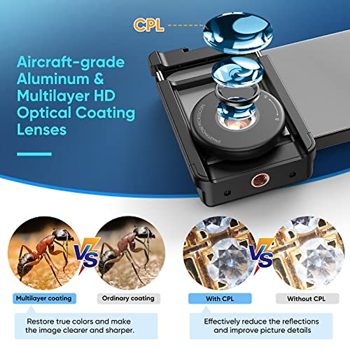 APEXEL Phone Macro Lens, 100X Microscope for Android/iPhone Micro Camera with LED Light CPL Handheld Pocket, Compatible with Smartphone Accessories Macro Focus Glass for Gift.