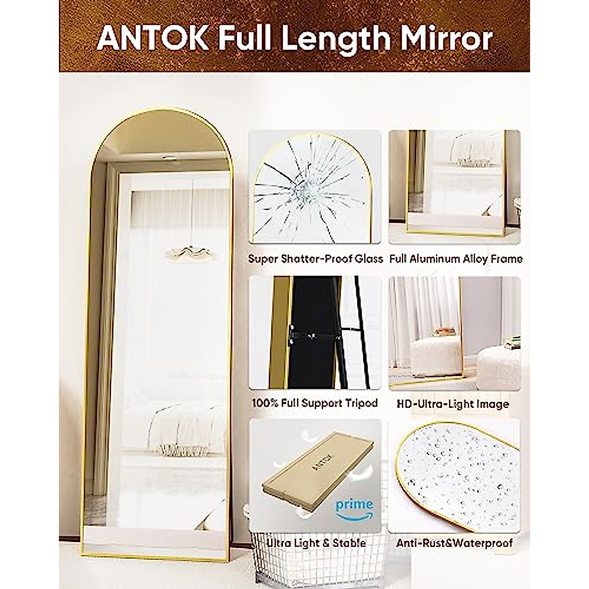 Antok Arched Full Length Mirror, 58"x18" Arched Floor Mirror, Glassless Mirror Full Length with Stand, Floor Mirror Freestanding, Wall Mounted Mirror for Bedroom Living Room, Gold