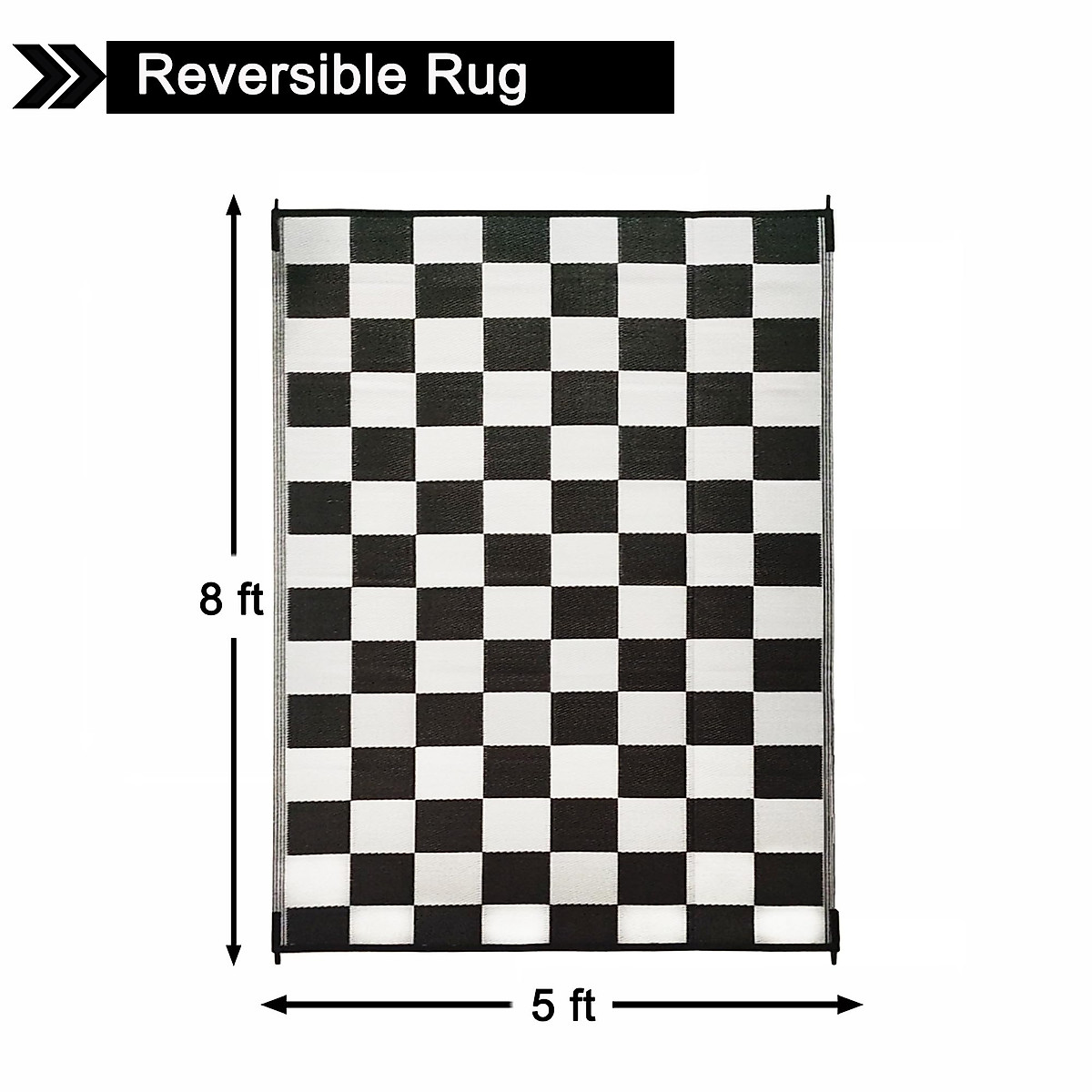 RURALITY Outdoor Rug 5x8 for Patios Clearance,Waterproof Indoor Outdoor Mats for Camping,Beach,RV,Porch,Picnic,Reversible,Black and White,Check