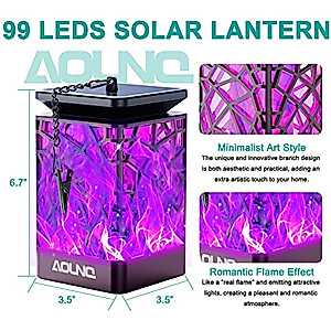 AOUNQ Solar Lanterns Outdoor Waterproof Purple, Upgraded 2 Pack 99 LEDs Flickering Flame Hanging Outdoor Solar Lanterns, Solar Powered Lanterns Lights Outdoor for Garden Patio Yard Porch Decorative