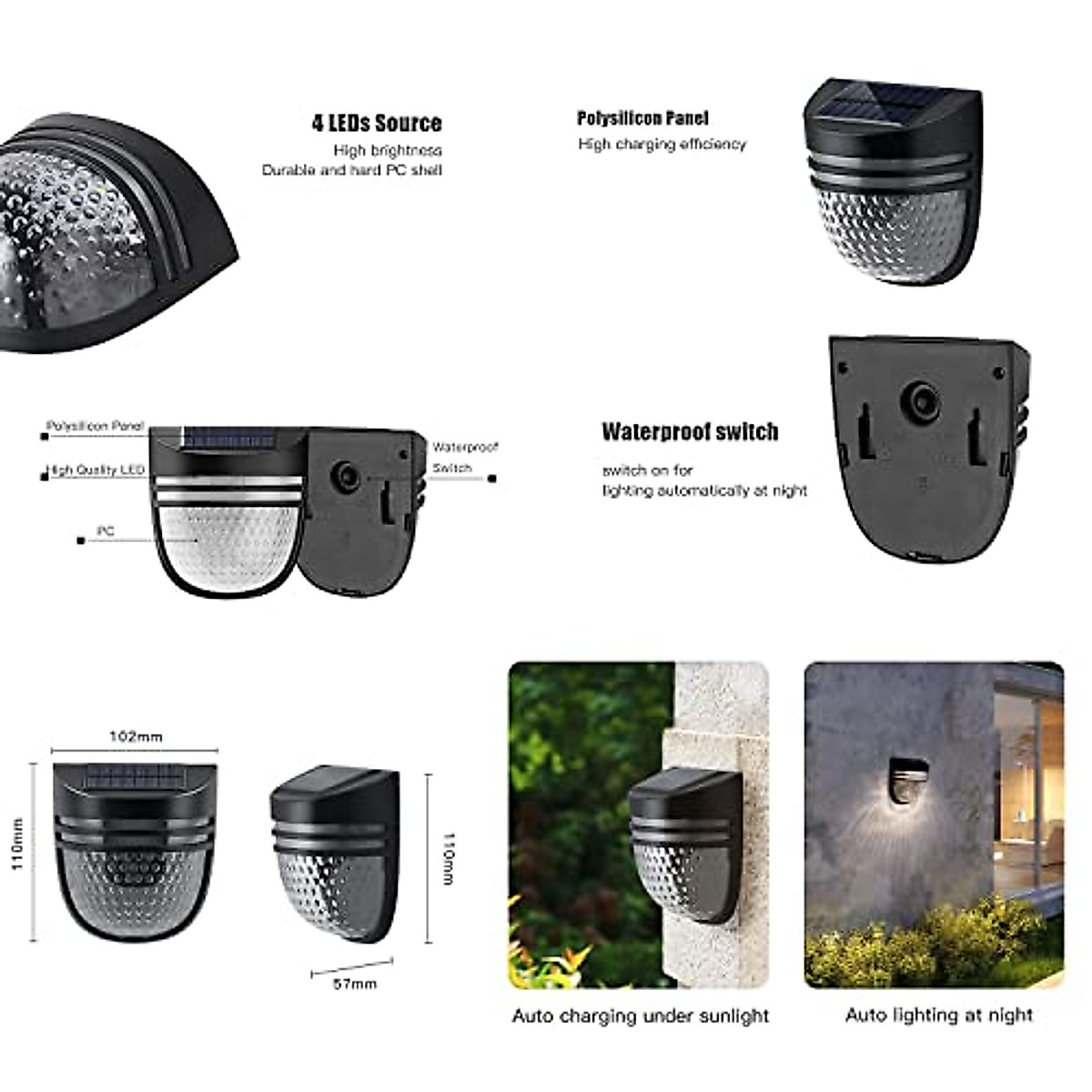 Solar Fence Lights, 6 Pack LED Solar Deck Lights - Waterproof - Easy Installation - Long lasting Battery - Beautiful Lighting Decoration - Amber LED Light, Outdoor Solar Light for Garden, Stairway