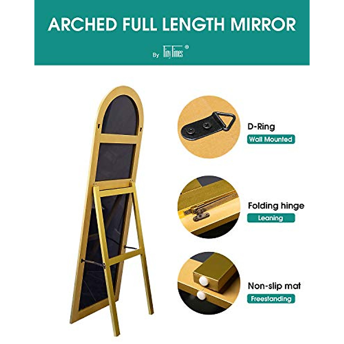 TinyTimes 65''x22'' Full Length Mirror, Arched Floor Mirror with Stand, Full Body Mirror, Arched Wall Mirror, Modern & Contemporary Full Length Mirror with Wood Frame- Gold