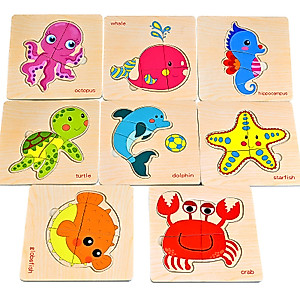 Faburo 8pcs Wooden Puzzles for Toddlers 1-3, Toddler Puzzles Ages 2-4, Montessori Toys for 1-3+ Years Girl Boy, Sea Animal Puzzle for Kids, Jigsaw Puzzles Educational Toys Preschool Puzzles for 1-3