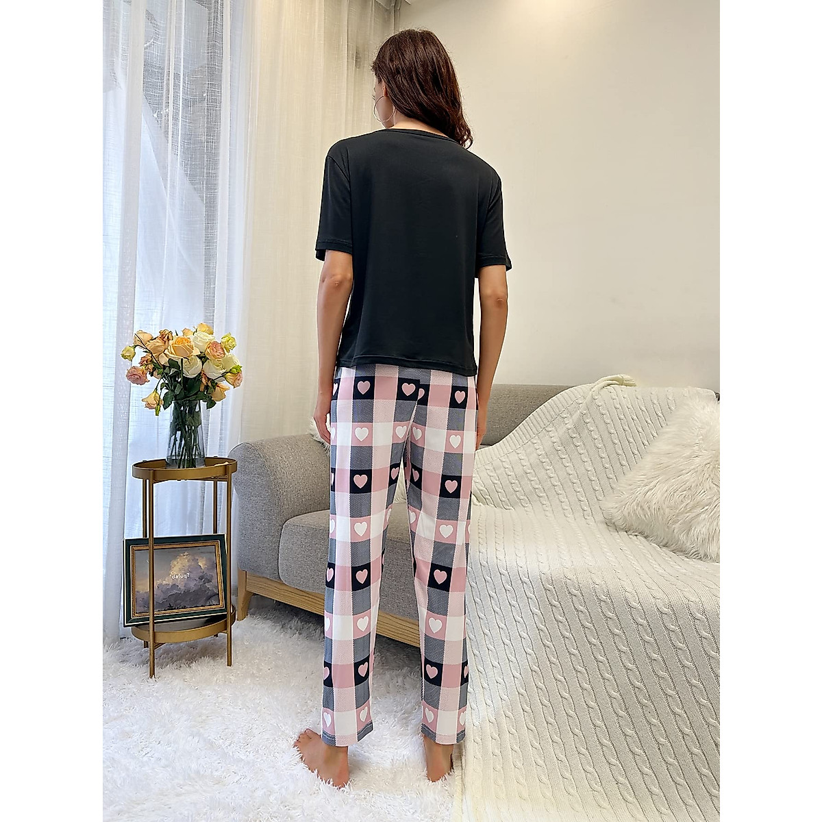 SOLY HUX Women's Heart Letter Print Short Sleeve T Shirt and Plaid Pants 2 Piece Summer Pajama Set Black Heart L