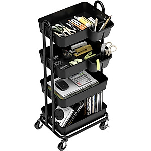 Simple Houseware 4-Tier Multifunctional Rolling Utility Cart with Hanging Buckets, Black