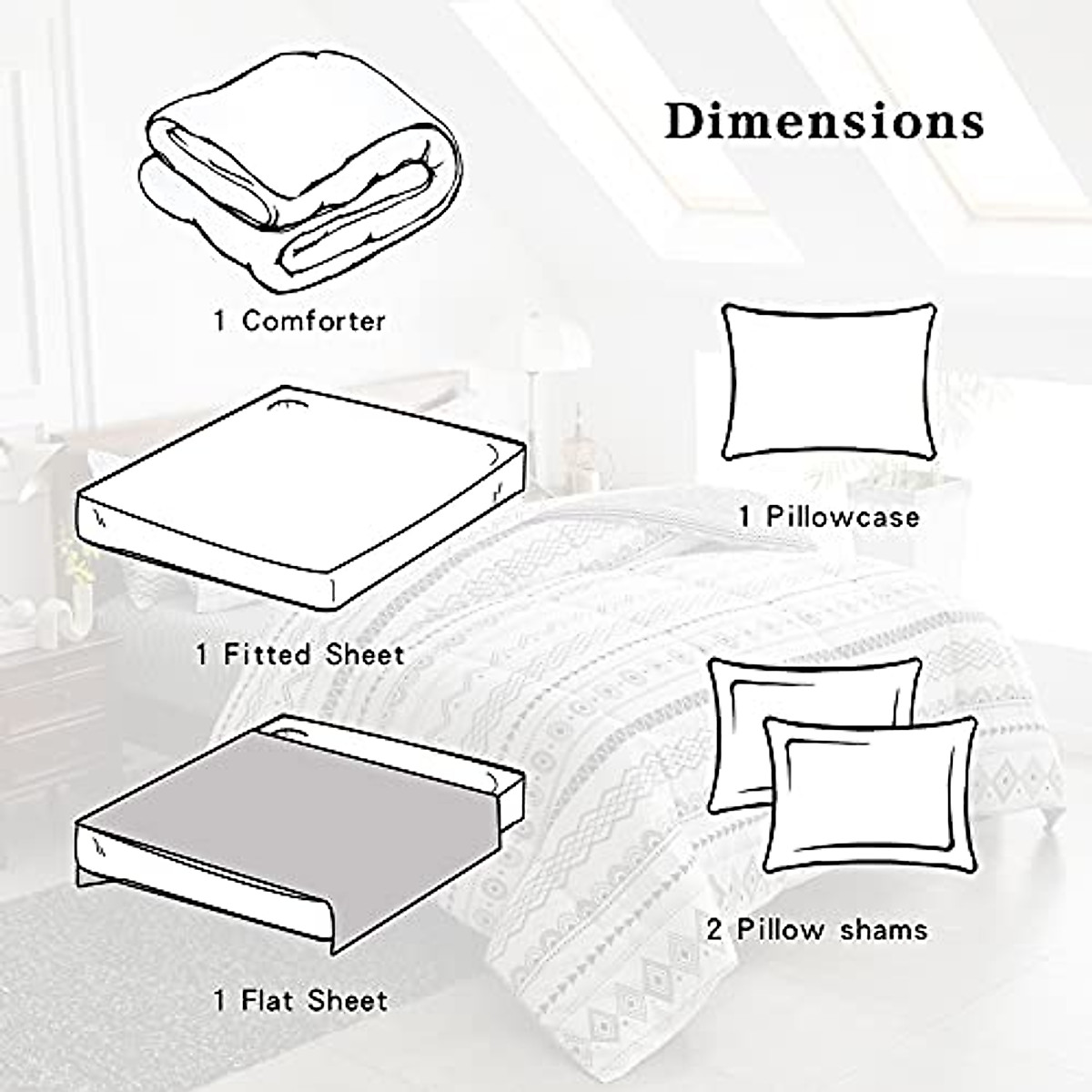 Flysheep Boho Bed in a Bag 7 Pieces Queen Size, Black and White Bohemian Geometric Reversible Bed Comforter Set for All Season(1 Comforter, 1 Flat Sheet, 1 Fitted Sheet, 2 Pillow Shams, 2 Pillowcases)