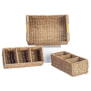3 Compartment Storage Baskets for Organizing, Seagrass Toilet Paper Small Basket, Large Seagrass Storage Baskets for Shelves, Set of Hand-Woven Natural Wicker Storage Basket - 3 pack