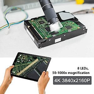 Jiusion WiFi USB Digital Handheld Microscope, 50 to 1000x Wireless Magnification Endoscope 4K 3840x2160P Camera 8 LEDs with Metal Stand for iPhone iPad Android Mac Windows Linux Chrome