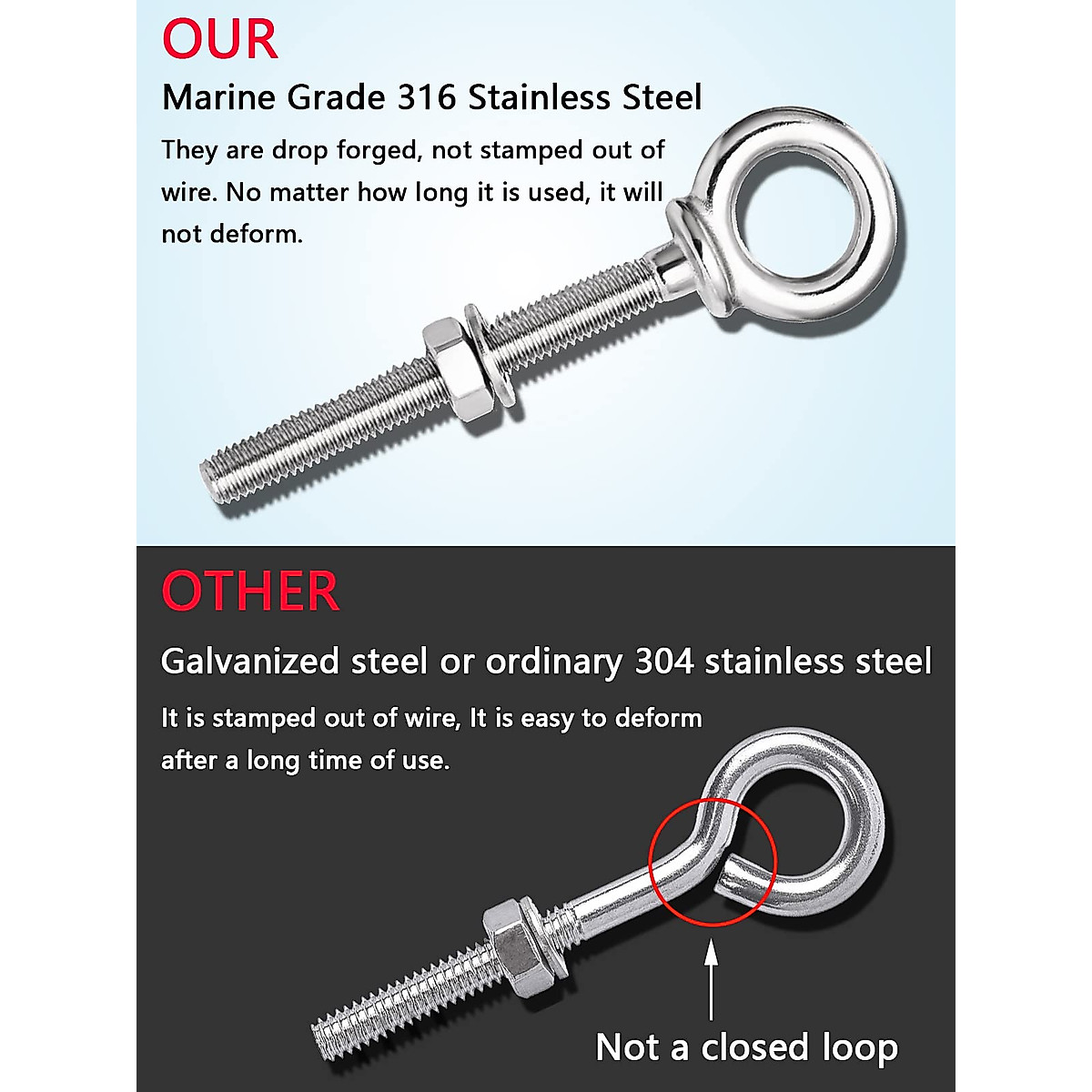 Abimars Lifting Shoulder Eye Bolt M6 with Nuts and Spring Snap Hook, 4 Pcs 316 Stainless Steel Eyebolts for Hanging Items